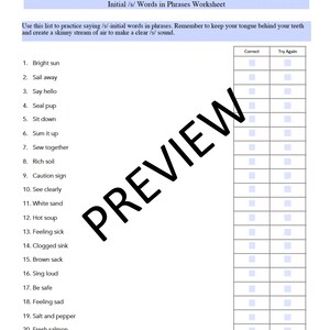 Initial /S/ Words in Phrases Worksheet for Speech Therapy (editable ...
