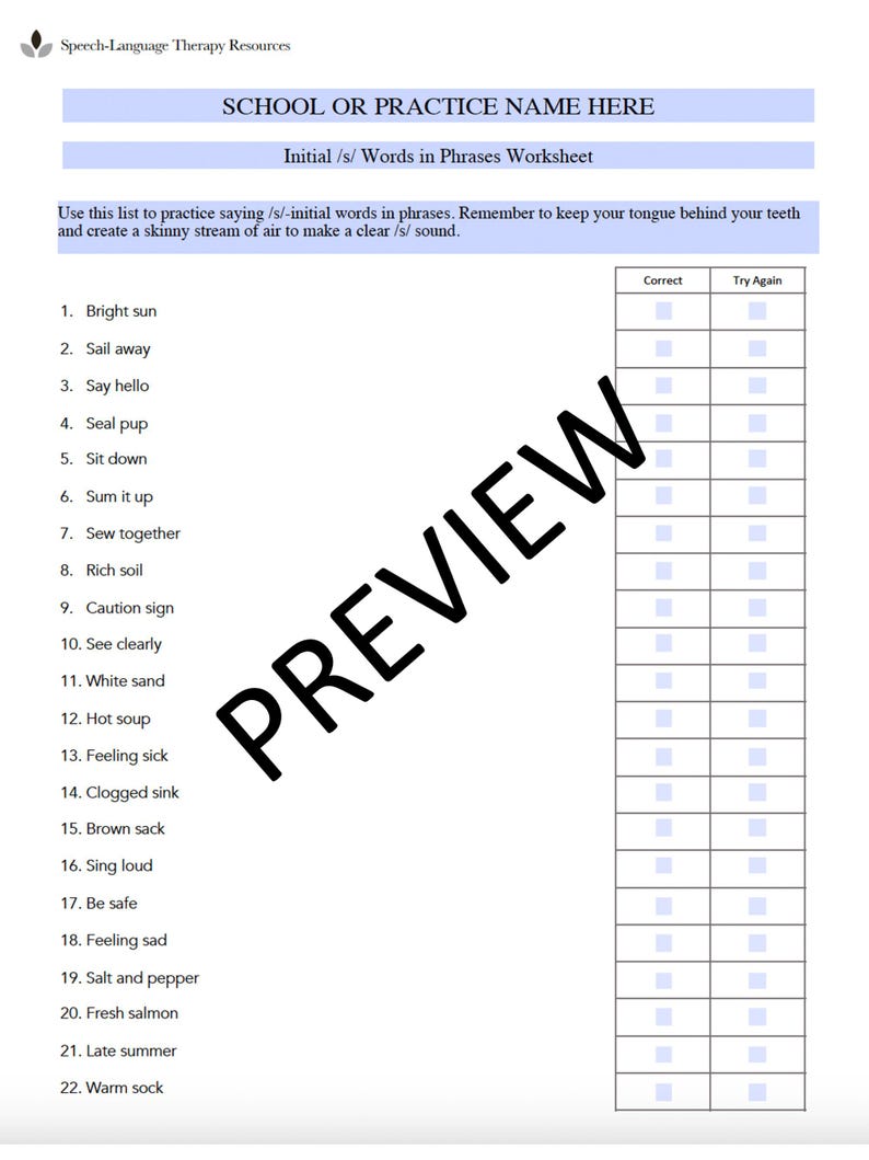 Initial /S/ Words in Phrases Worksheet for Speech Therapy (editable ...