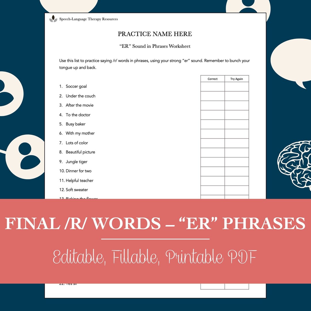 Final /R/ Words “ER” Phrases Worksheet for Speech Therapy (editable ...