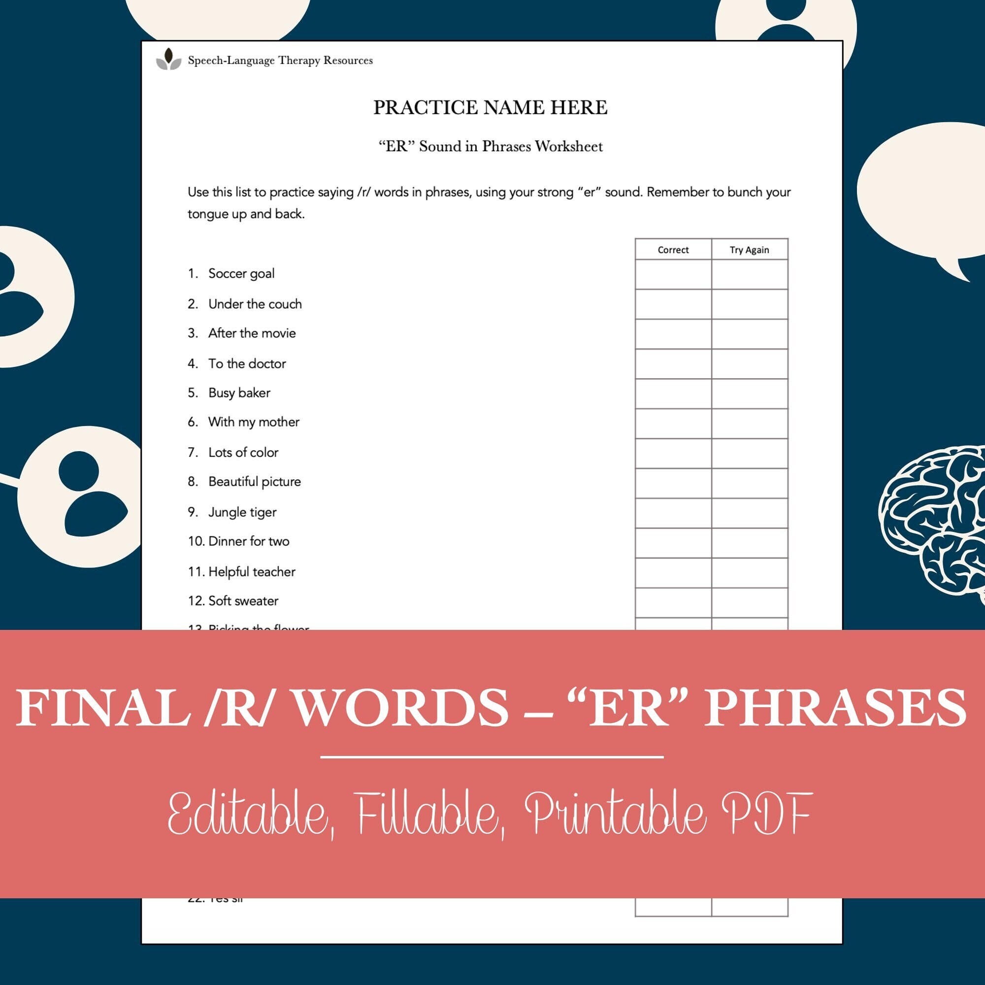 Final /R/ Words ER Phrases Worksheet for Speech Therapy editable ...