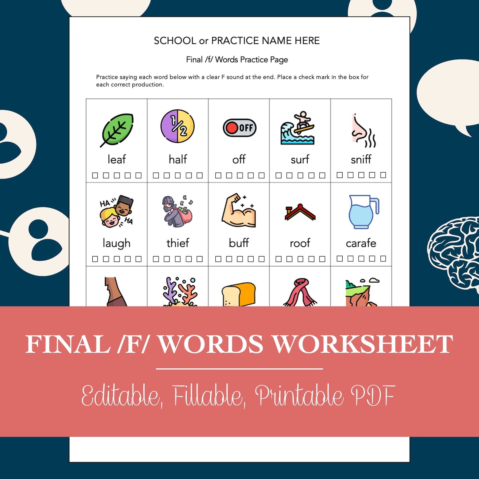 Final /F/ Words in Pictures Worksheet for Speech Therapy (printable PDF ...