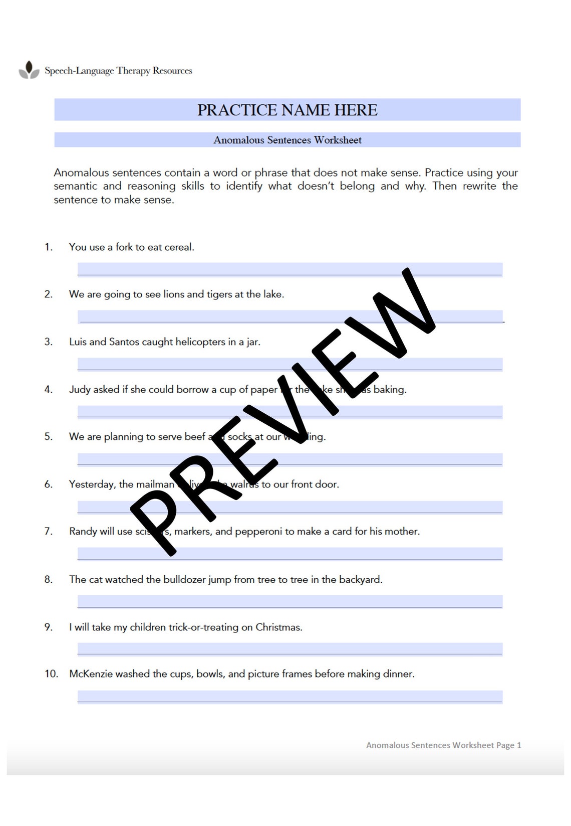 Anomalous Sentences Worksheet for Speech Therapy (editable, Fillable ...