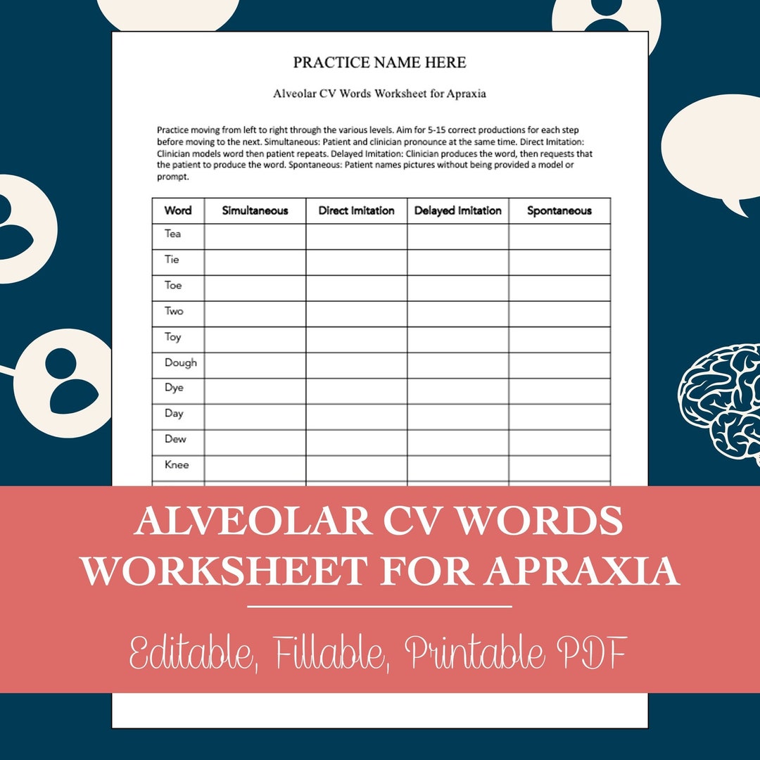 Alveolar CV Words Worksheet for Apraxia for Speech Therapy (editable ...
