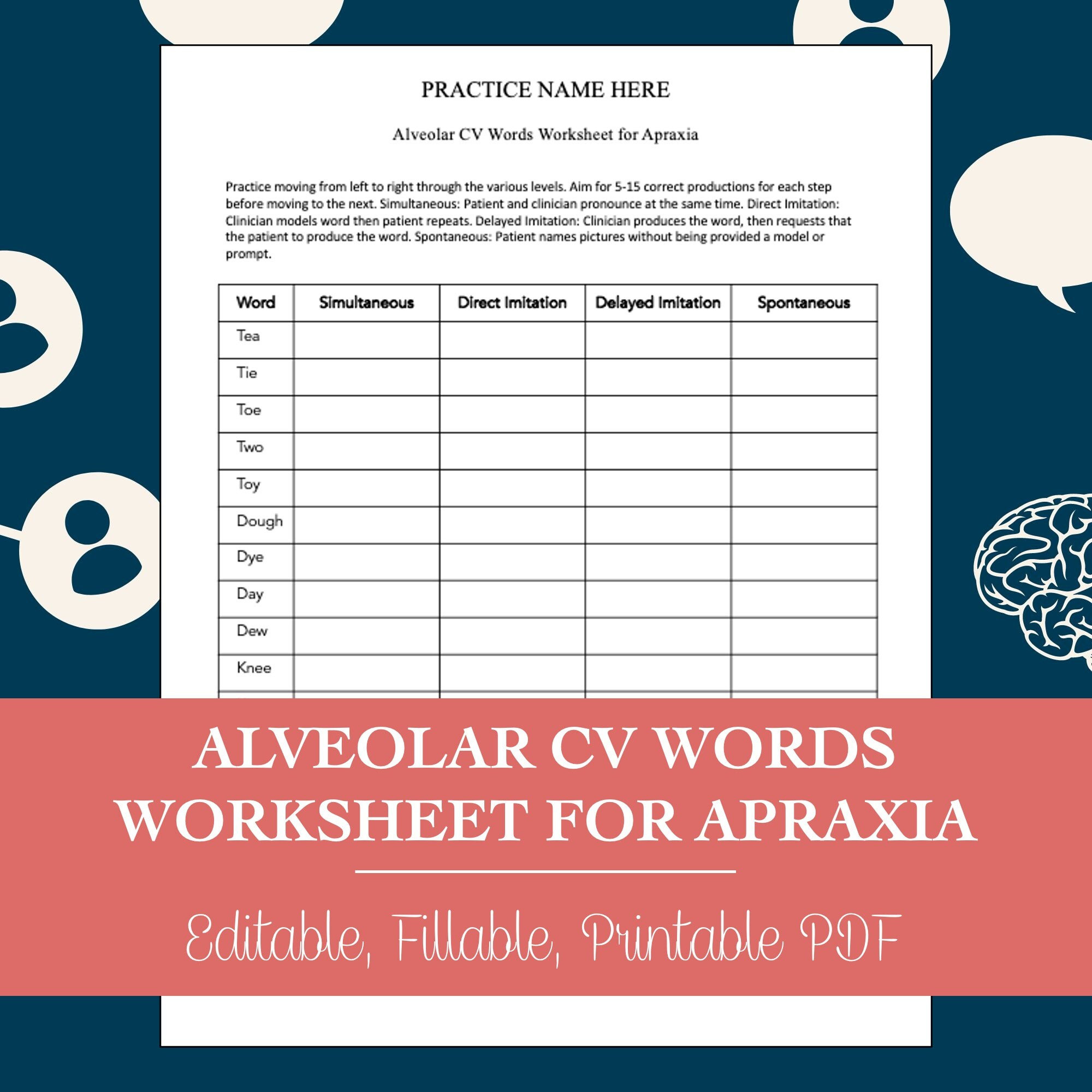 Alveolar CV Words Worksheet for Apraxia for Speech Therapy (editable ...