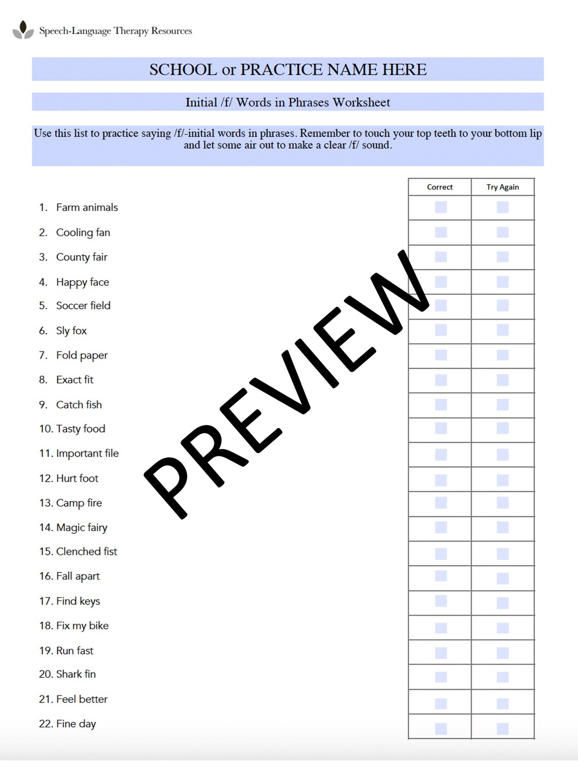 Letter F Beginning Phrases Worksheet for Speech Therapy (printable PDF ...