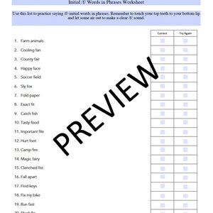 Letter F Beginning Phrases Worksheet for Speech Therapy (printable PDF ...