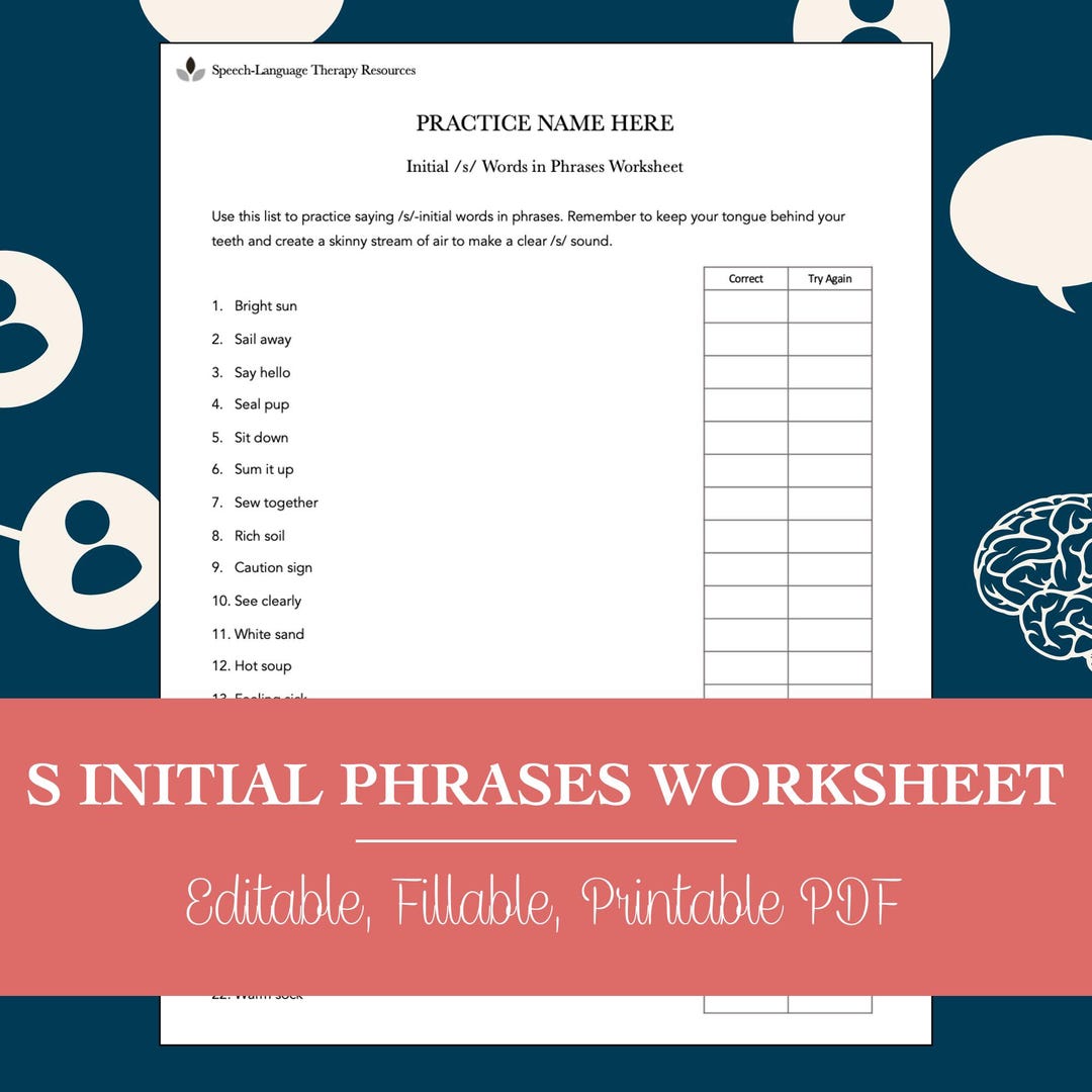 Initial /S/ Words in Phrases Worksheet for Speech Therapy (editable ...