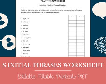 Initial /s/ Words Worksheet for Speech Therapy Fillable PDF With ...