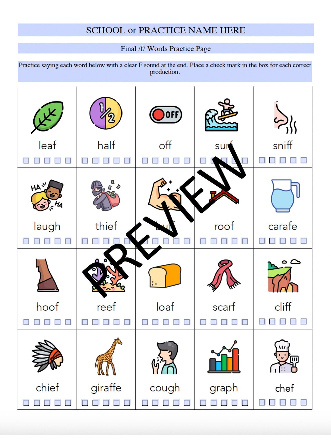 Final /F/ Words in Pictures Worksheet for Speech Therapy (printable PDF ...