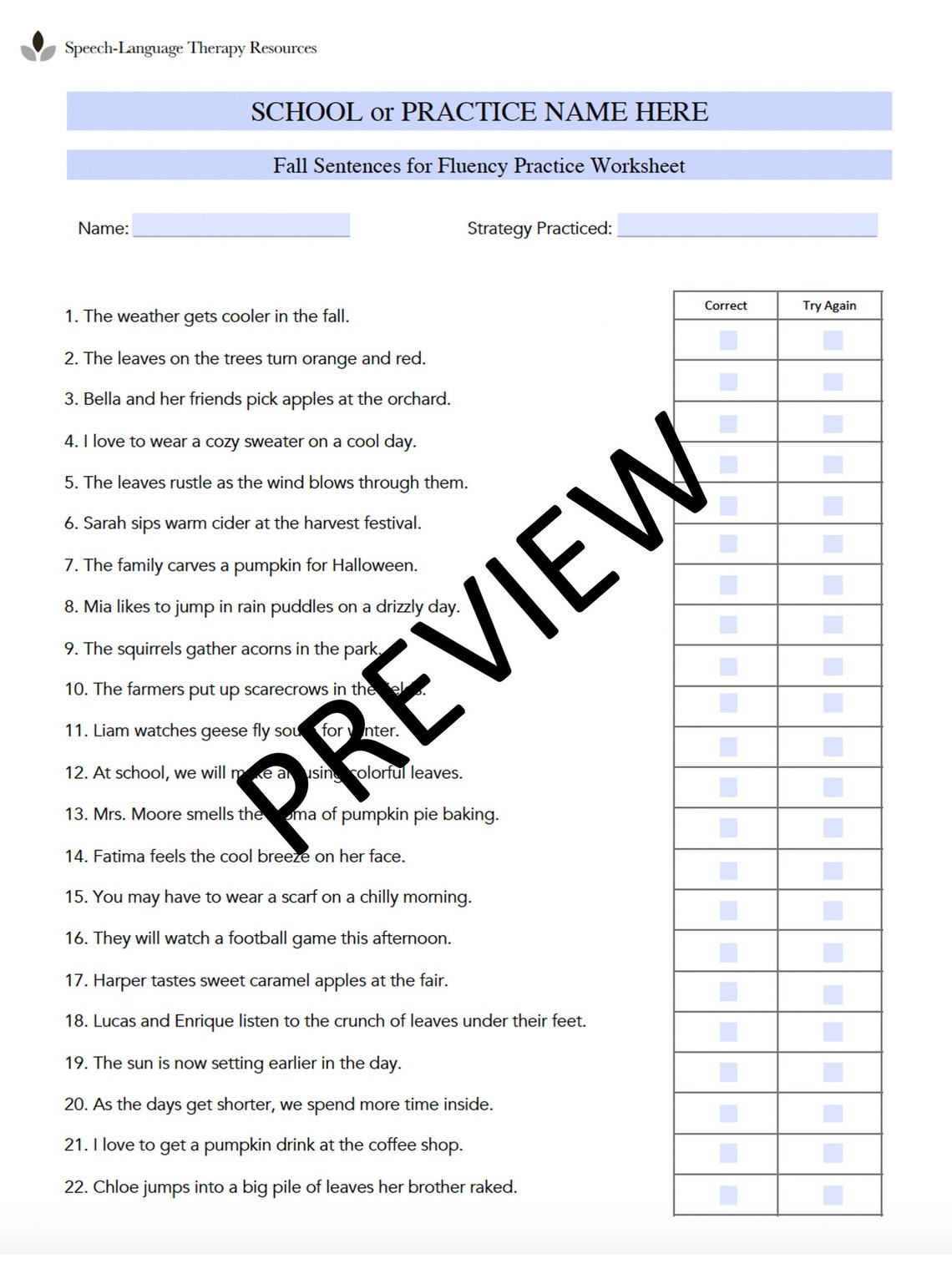 Fall Sentences for Fluency Practice Worksheet for Speech Therapy ...