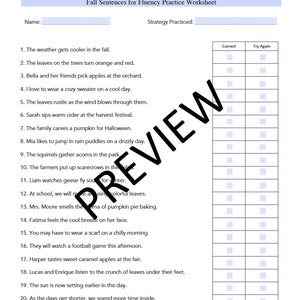 Fall Sentences for Fluency Practice Worksheet for Speech Therapy ...