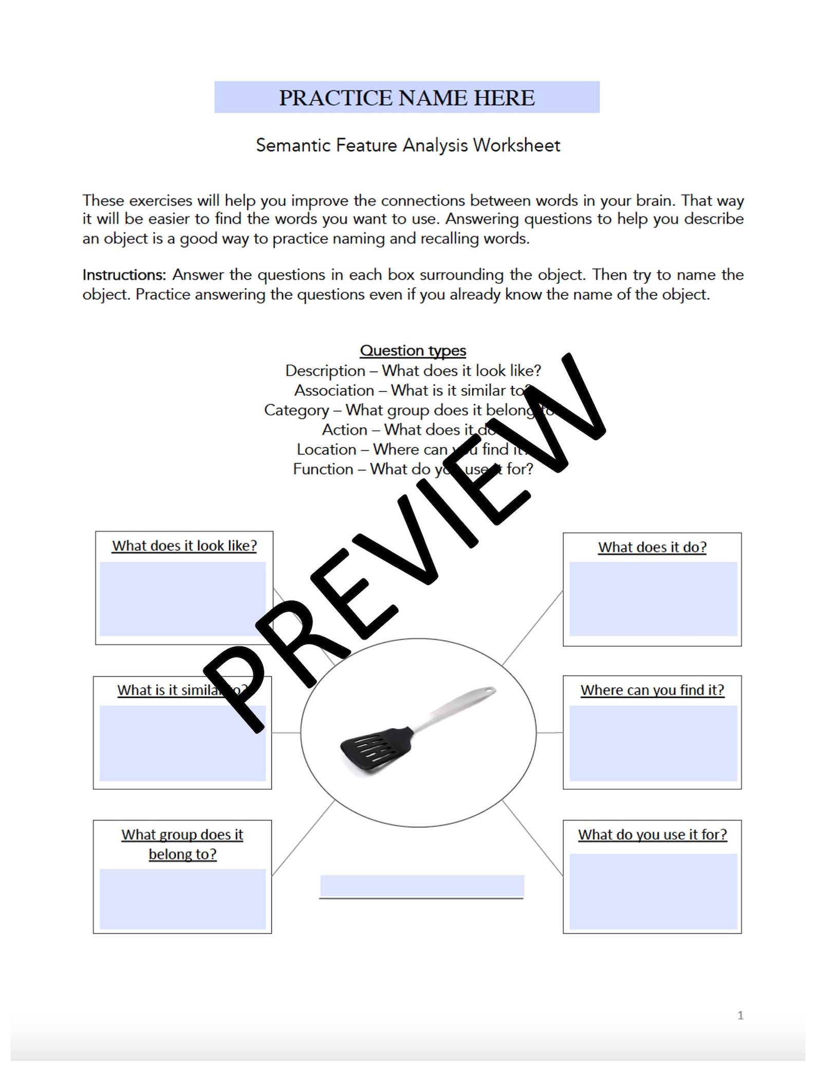 Semantic Feature Analysis Worksheet for Speech Therapy (editable ...
