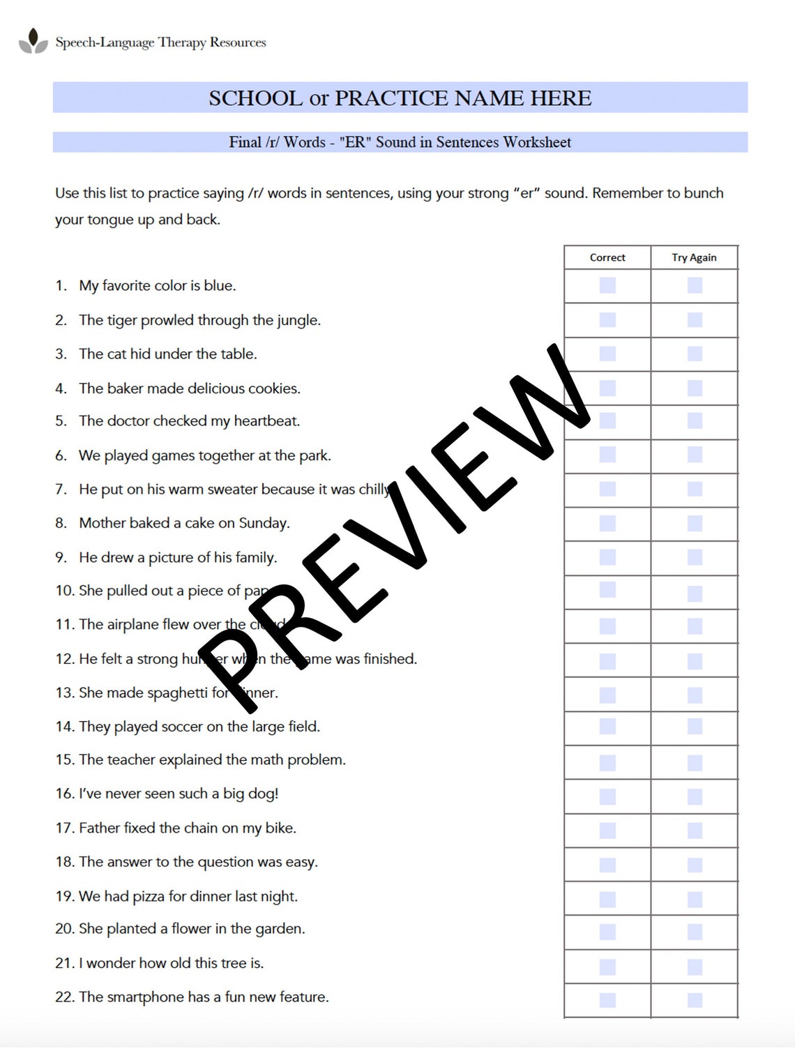 Final /R/ Words “ER” Sentences Worksheet for Speech Therapy (editable ...