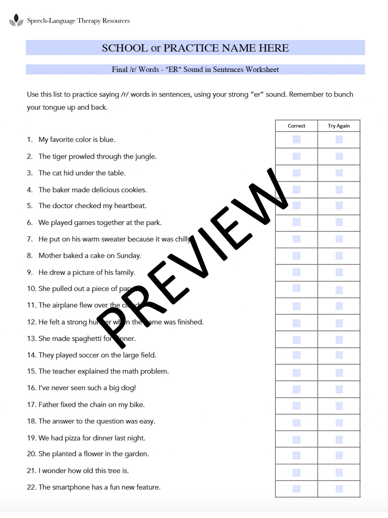 Final /R/ Words “ER” Sentences Worksheet for Speech Therapy (editable ...