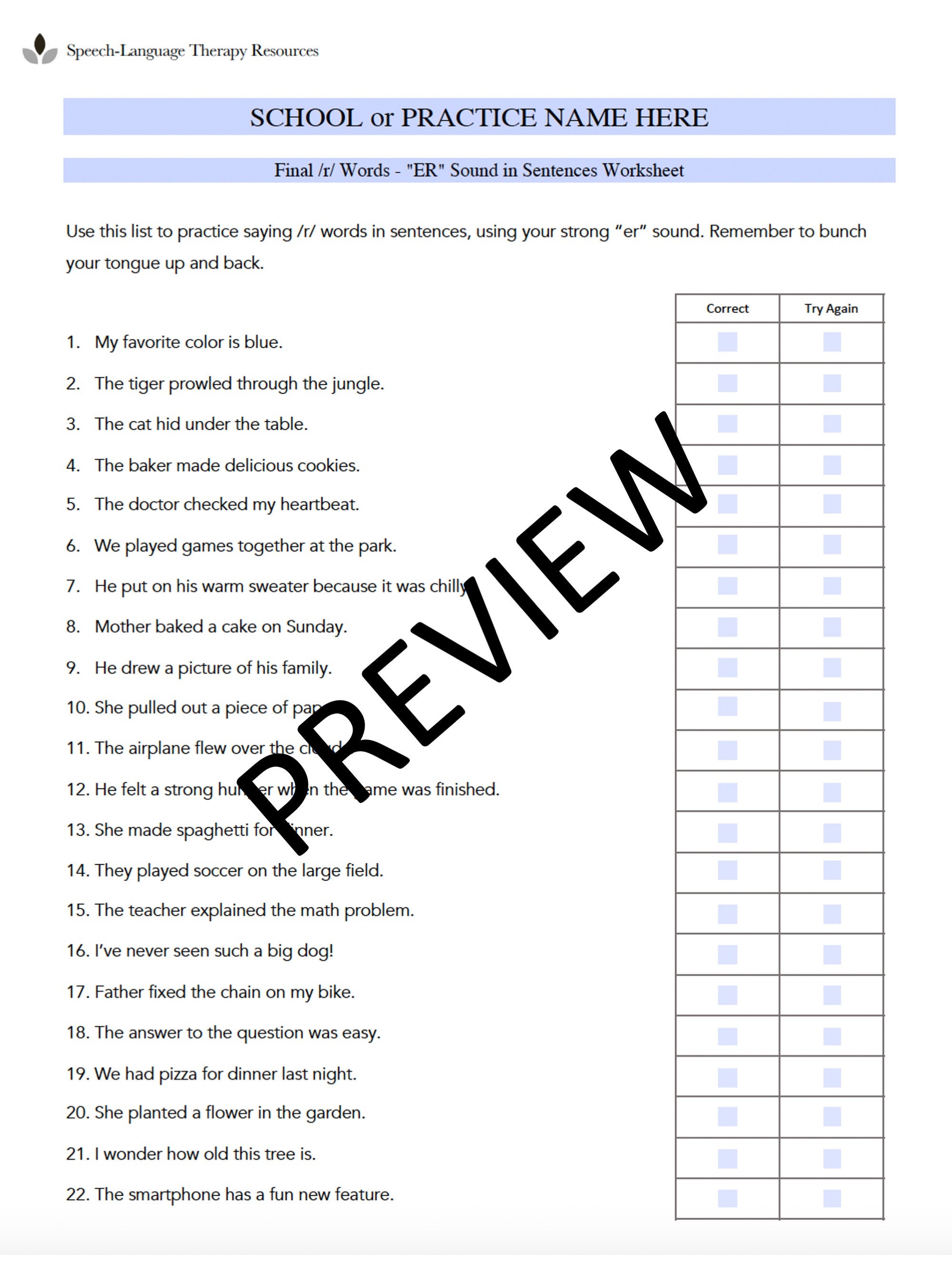 Final /R/ Words ER Sentences Worksheet for Speech Therapy editable ...