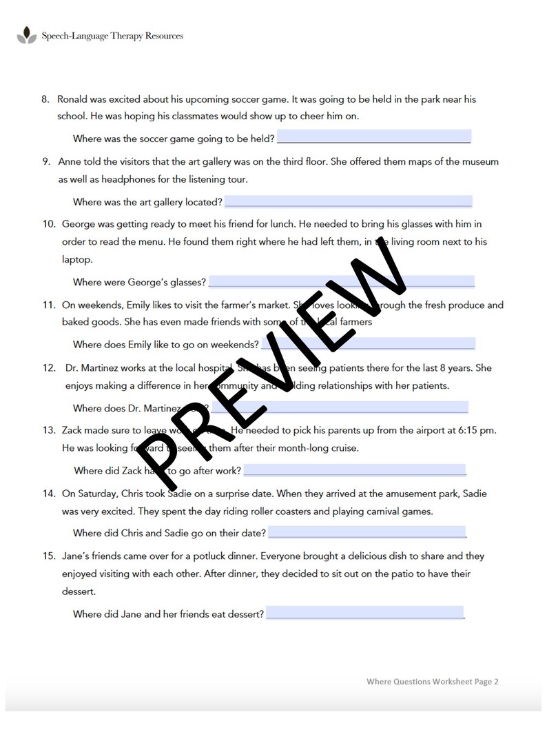 Where Questions Worksheet for Speech Therapy (editable, Fillable ...