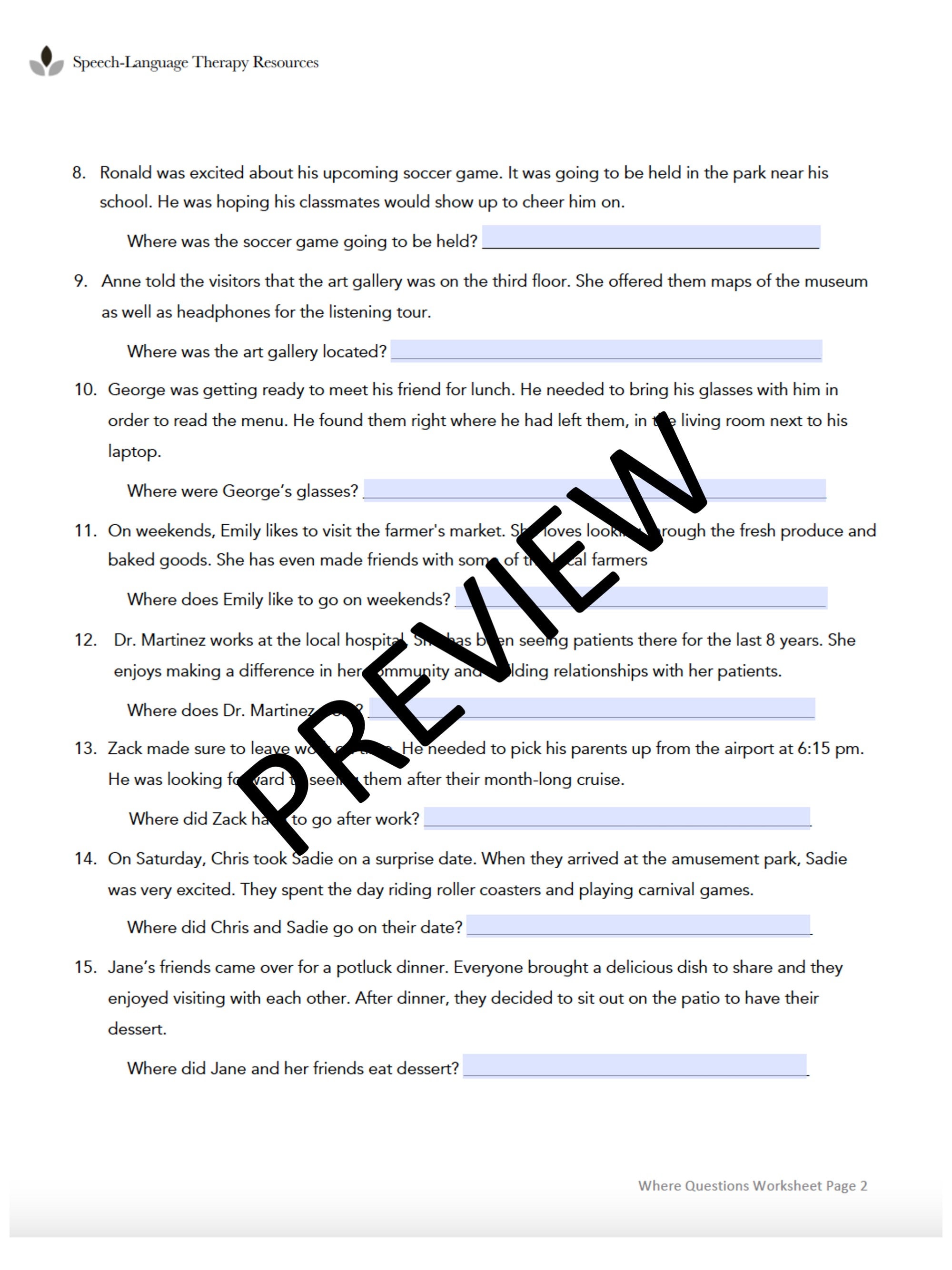 Where Questions Worksheet for Speech Therapy (editable, Fillable ...