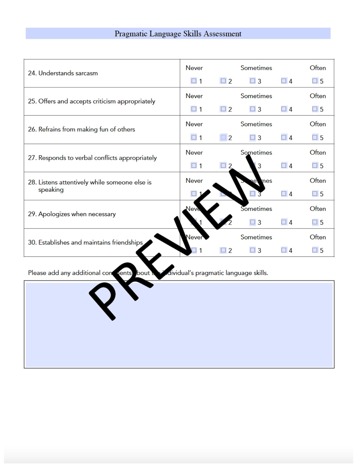 Pragmatic Language Skills Assessment Worksheet for Speech Therapy ...