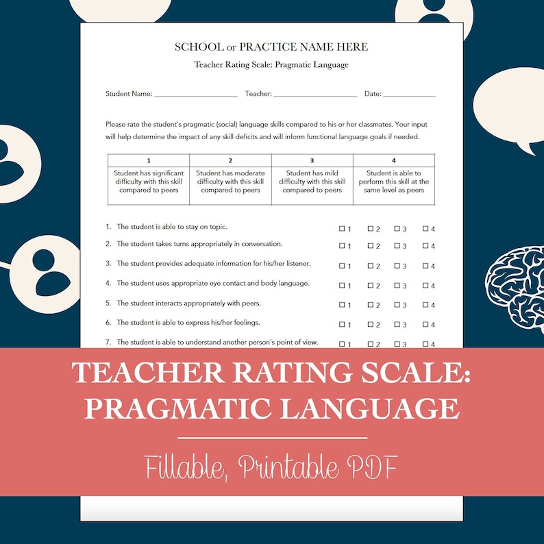 Teacher Rating Scale: Pragmatic Language Worksheet for Speech Therapy ...
