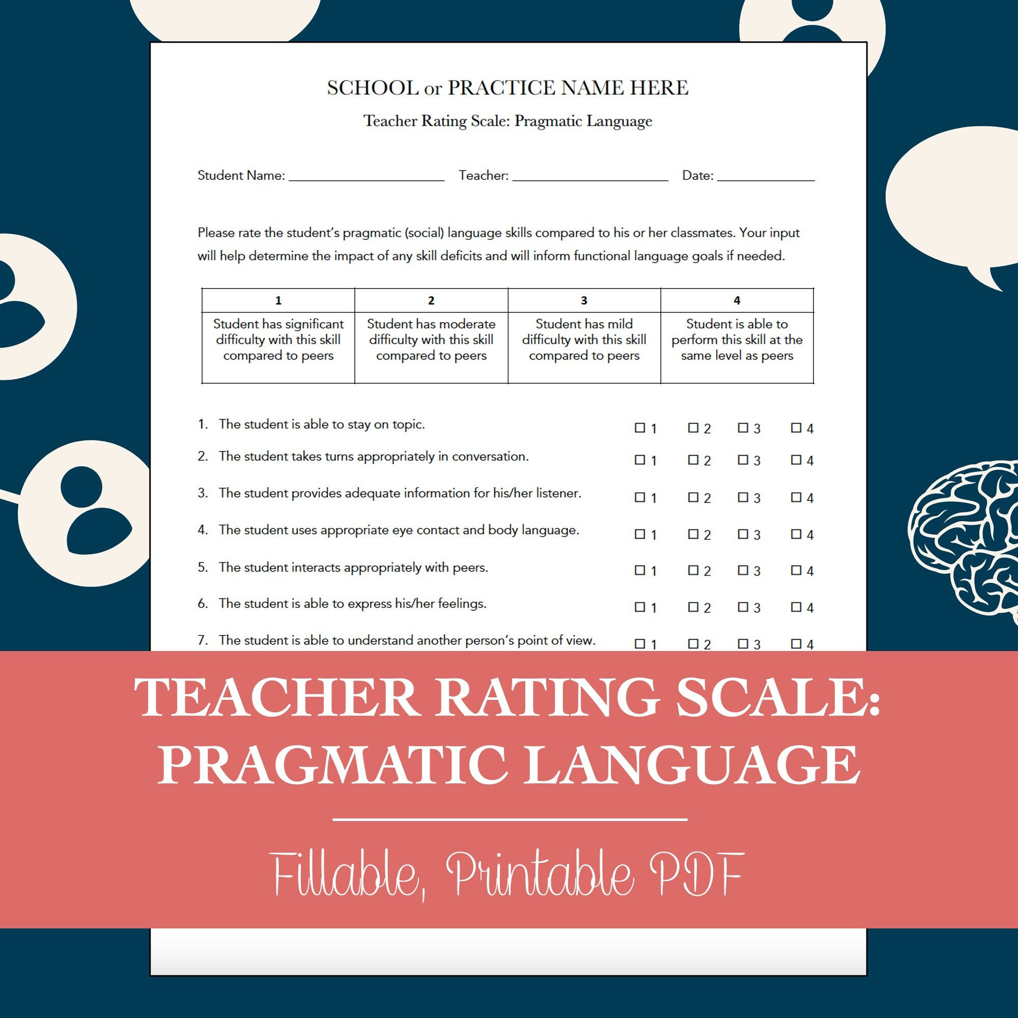 Teacher Rating Scale: Pragmatic Language Worksheet for Speech Therapy ...
