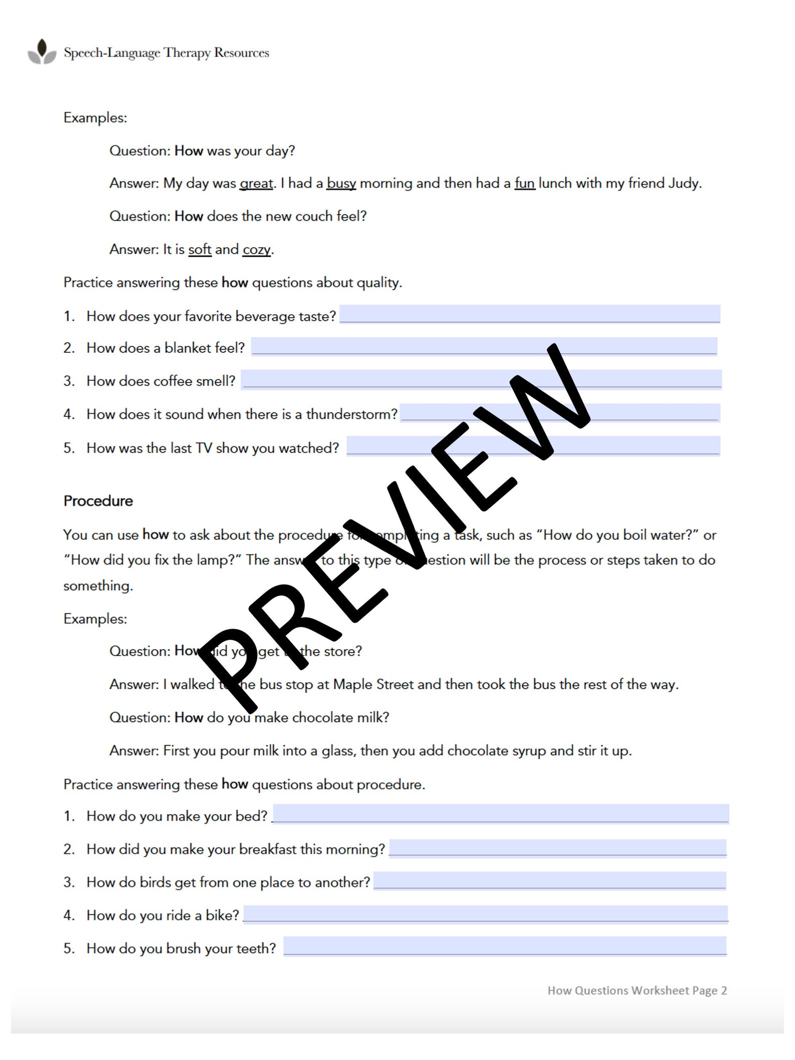 How Questions Worksheet for Apraxia for Speech Therapy (editable ...