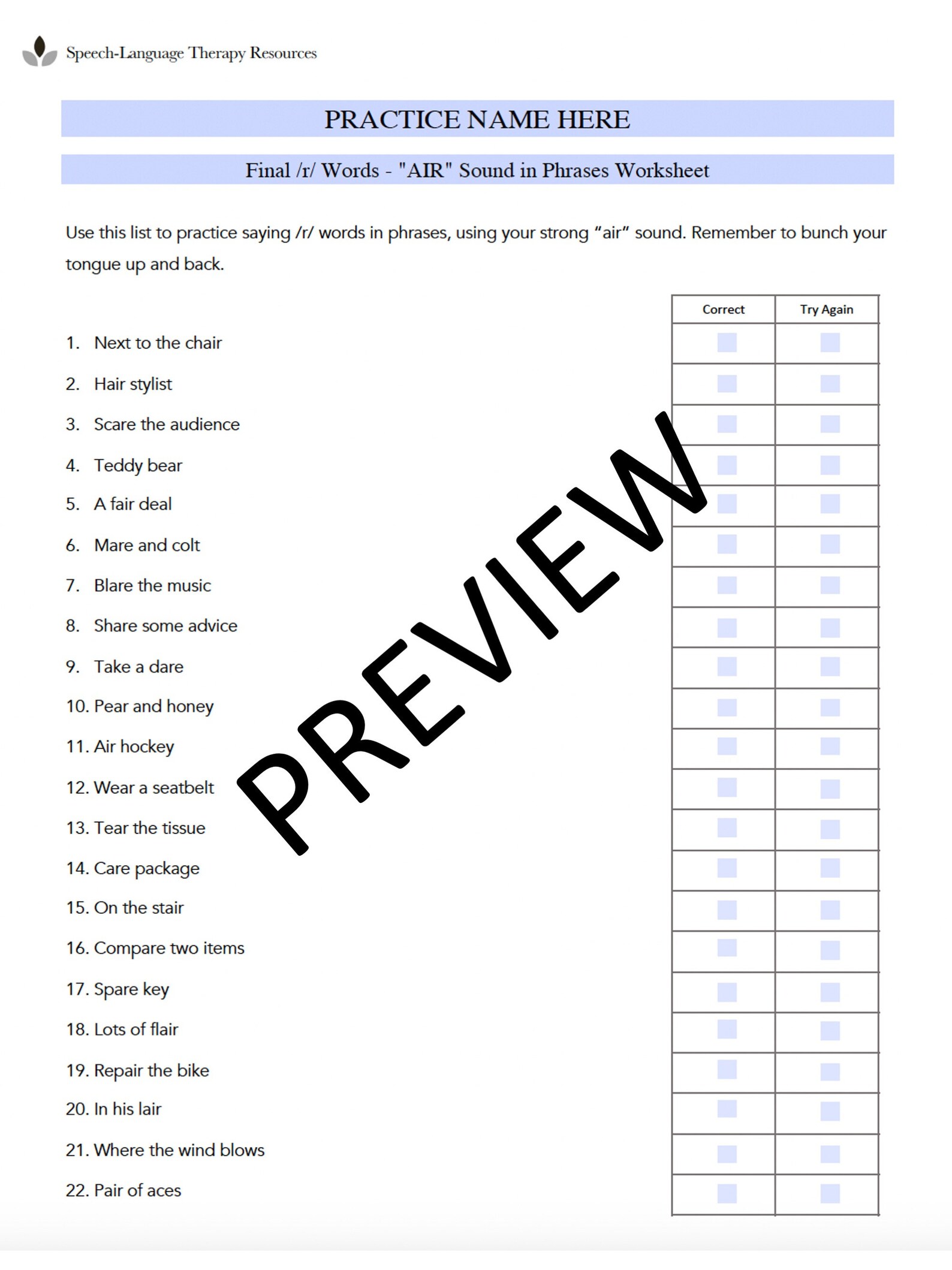 Final /R/ Words “AIR” Phrases Worksheet for Speech Therapy (editable ...