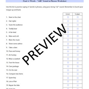 Final /R/ Words “AIR” Phrases Worksheet for Speech Therapy (editable ...