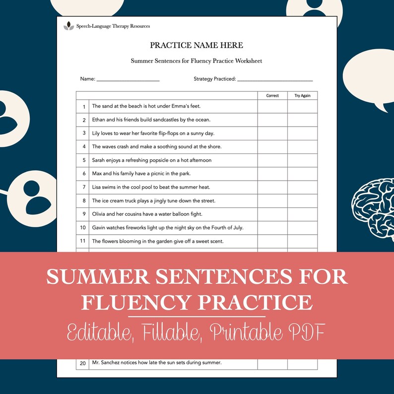 Summer Sentences for Fluency Practice Worksheet for Speech Therapy ...