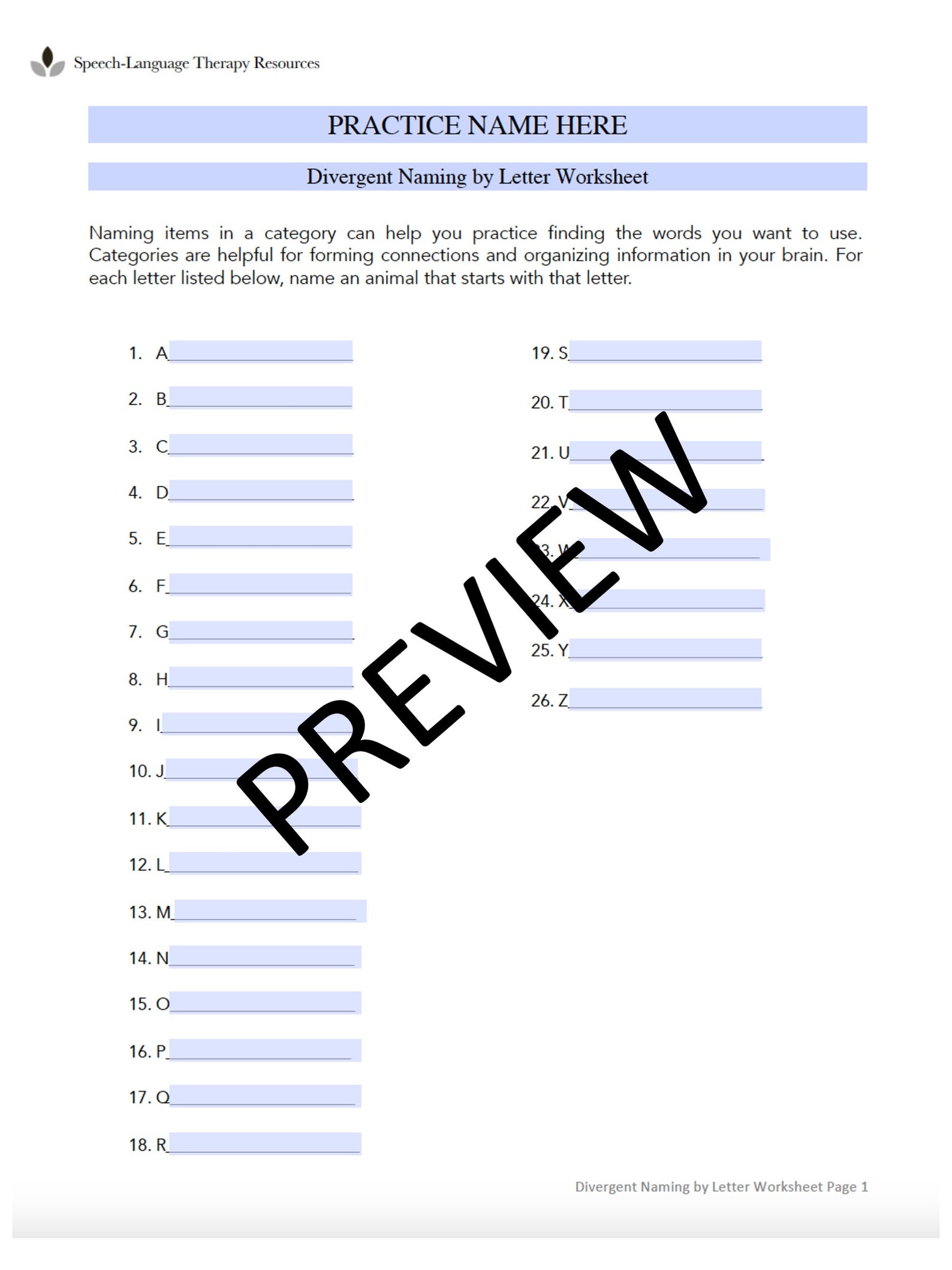Divergent Naming by Letter Worksheet for Speech Therapy (editable ...