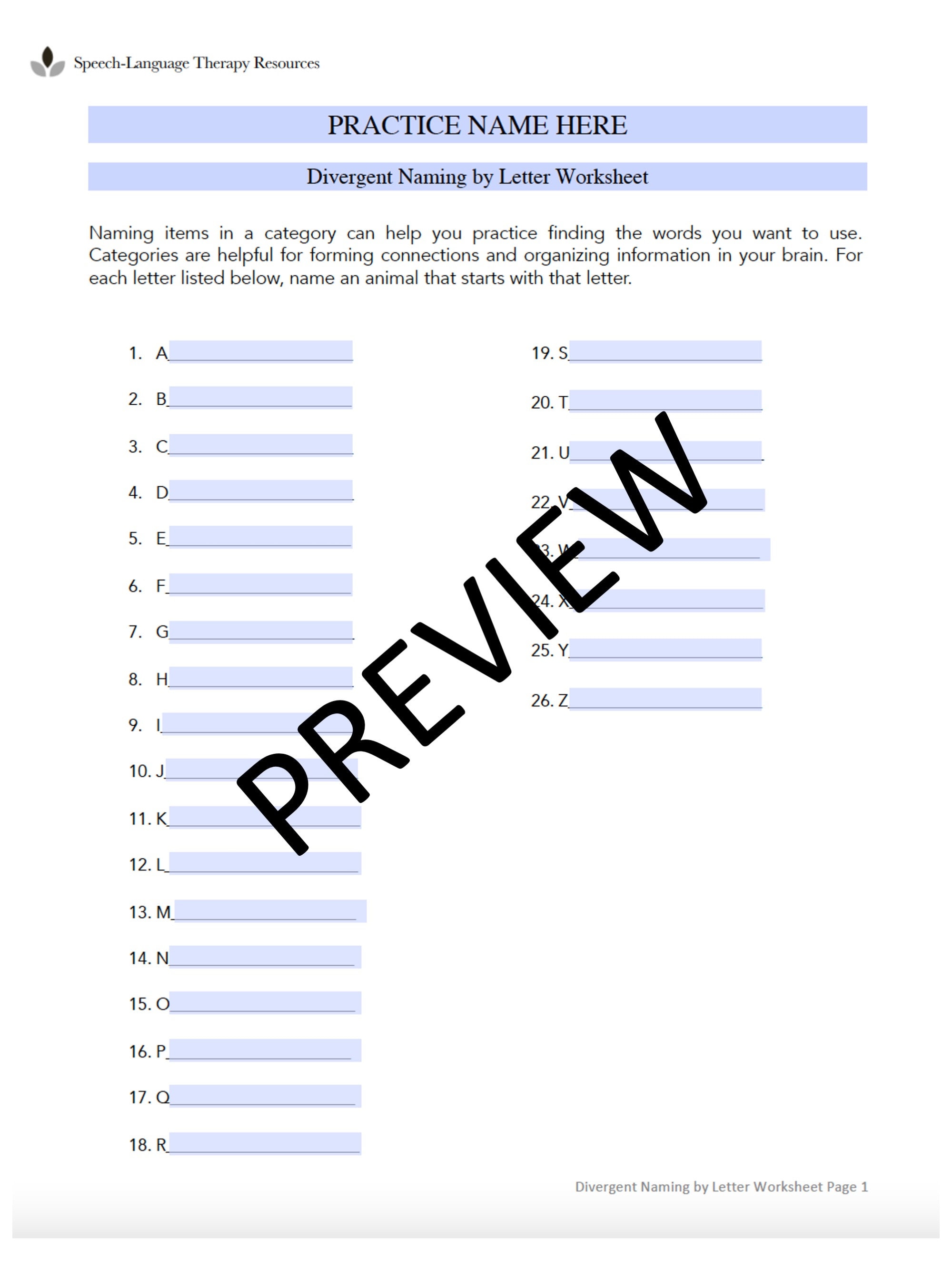 Divergent Naming by Letter Worksheet for Speech Therapy (editable ...