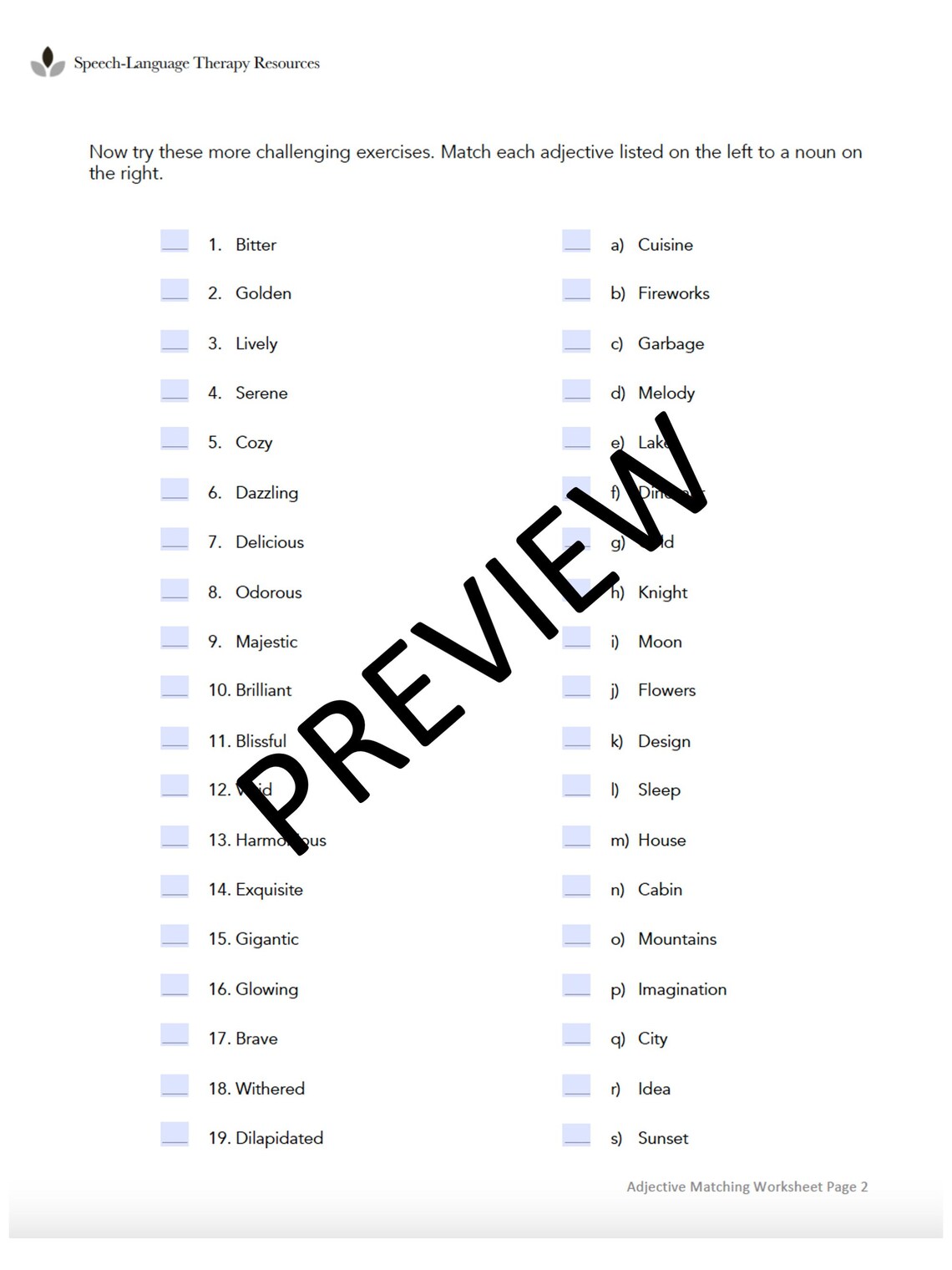 Adjective Matching Worksheet for Speech Therapy (editable, Fillable ...