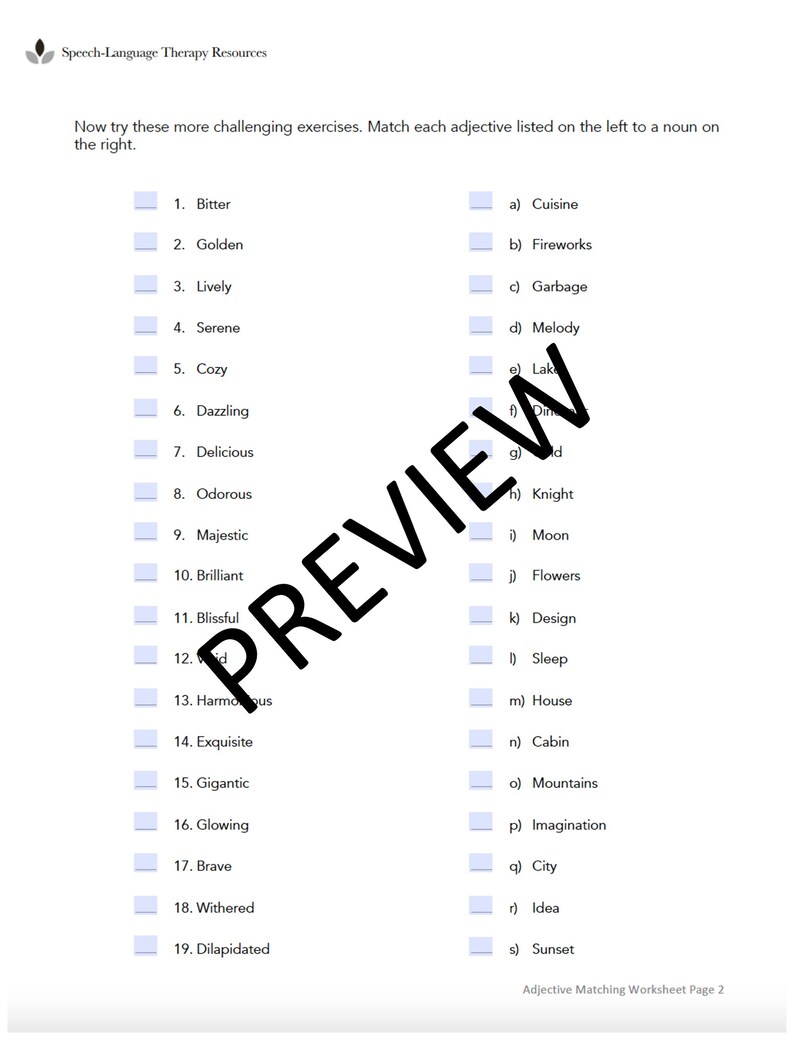 Adjective Matching Worksheet for Speech Therapy (editable, Fillable ...