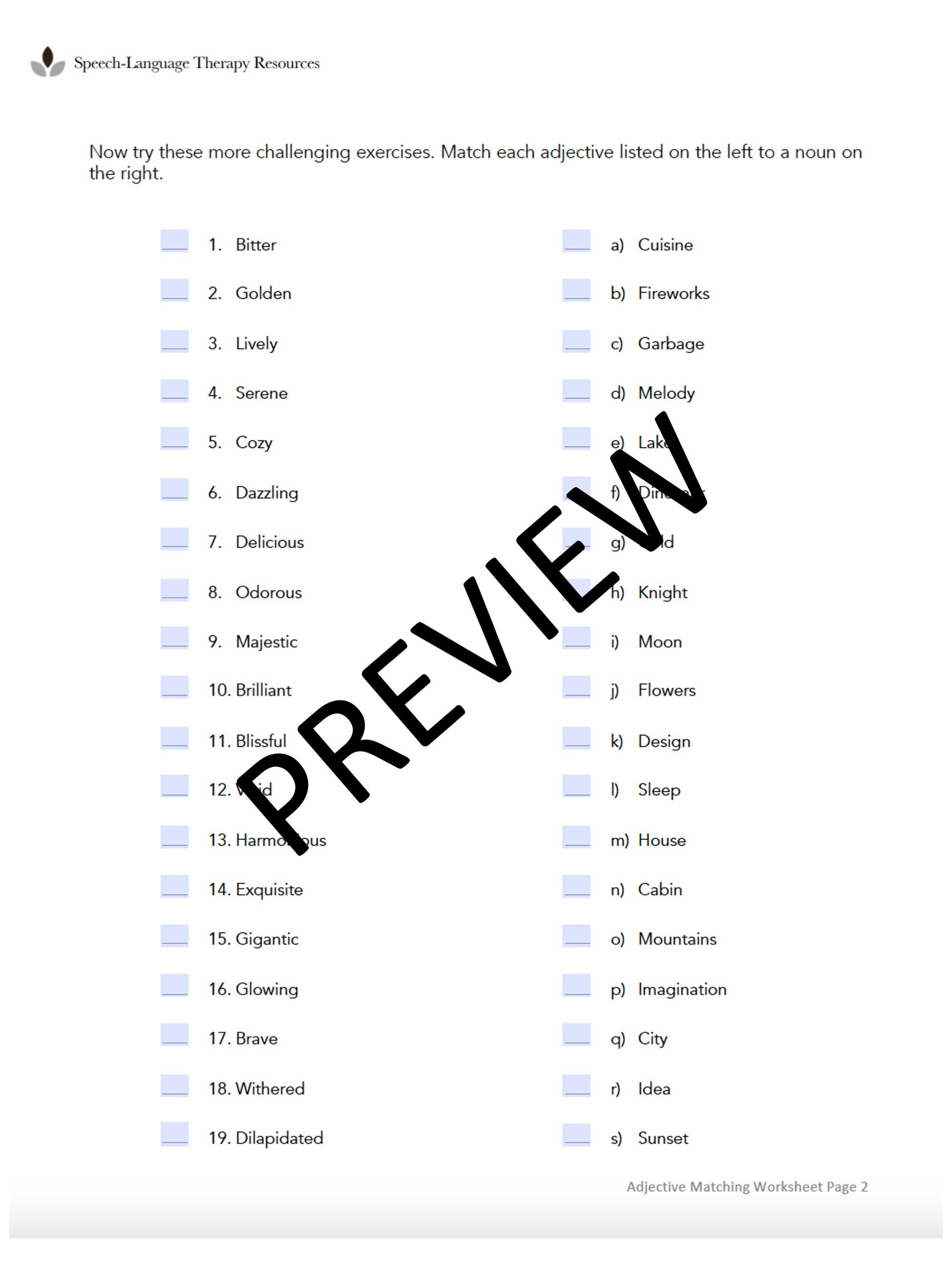 Adjective Matching Worksheet for Speech Therapy (editable, Fillable ...