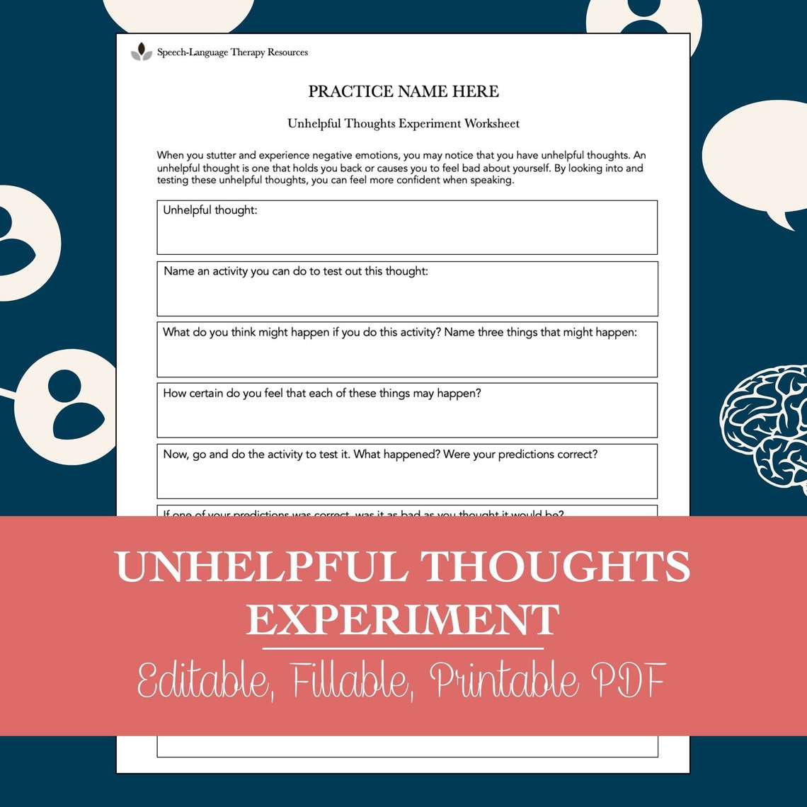 Unhelpful Thoughts Experiment Worksheet for Speech Therapy (editable ...