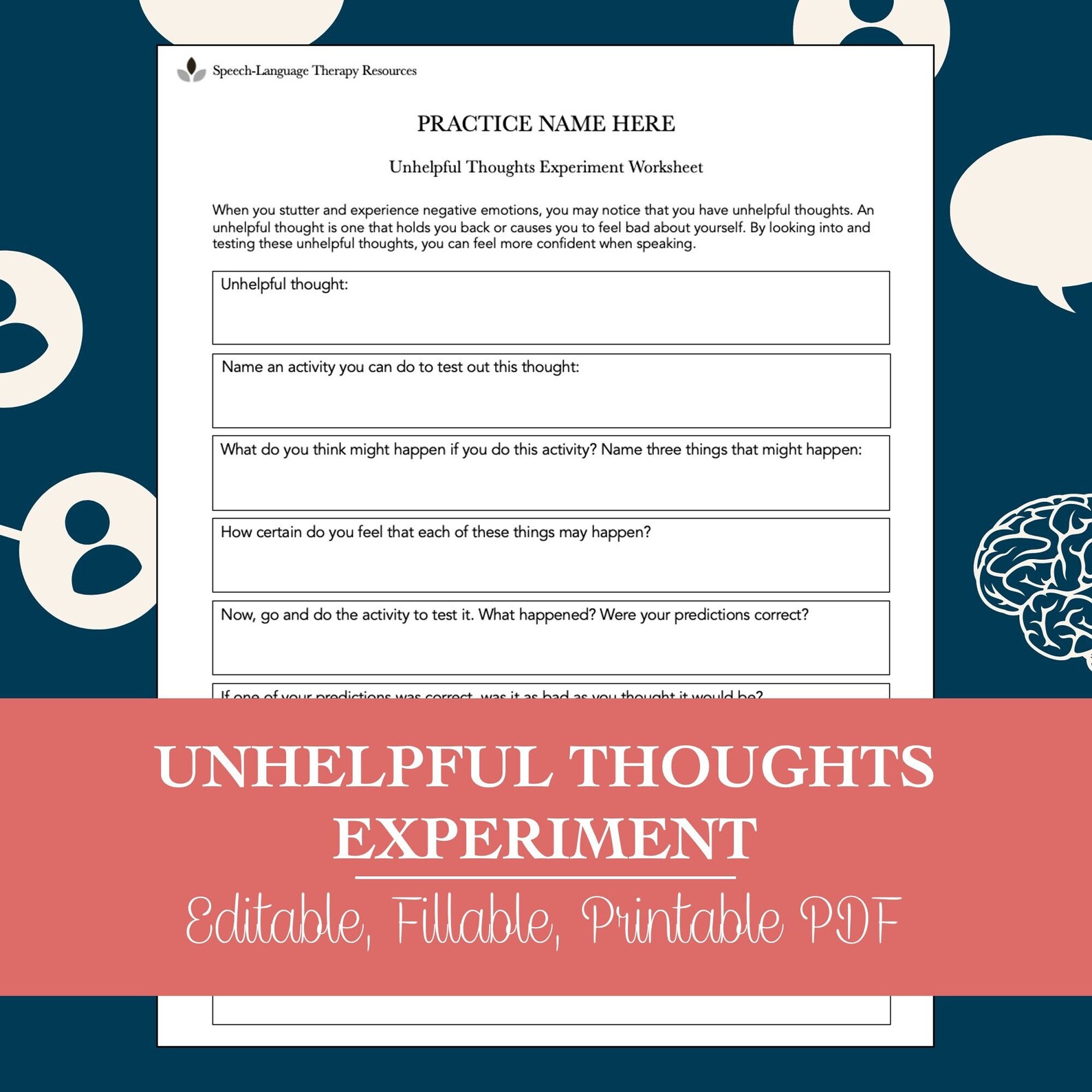 Unhelpful Thoughts Experiment Worksheet for Speech Therapy editable ...