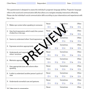 Pragmatic Language Skills Assessment Worksheet for Speech Therapy ...