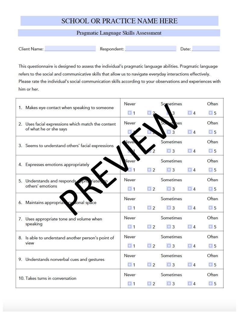 Pragmatic Language Skills Assessment Worksheet for Speech Therapy ...