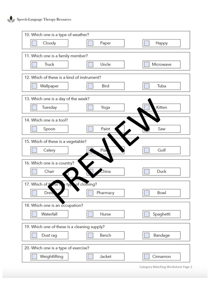 Category Matching Worksheet for Speech Therapy (editable, Fillable ...