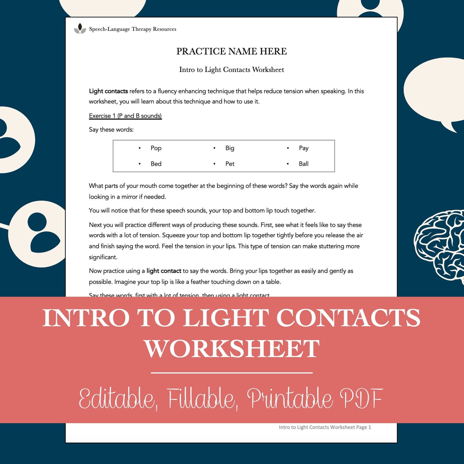 Intro to Light Contacts Worksheet for Speech Therapy (editable ...
