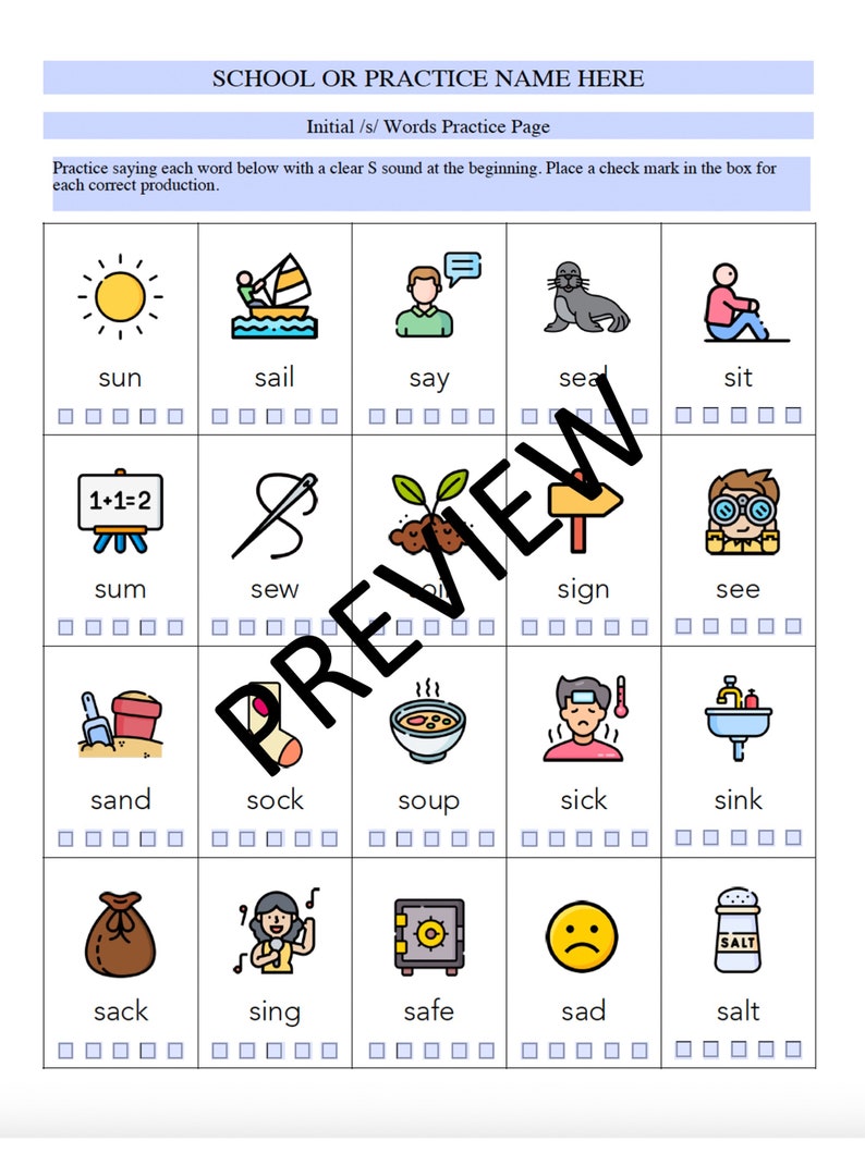 Initial /S/ Words in Pictures Worksheet for Speech Therapy editable ...