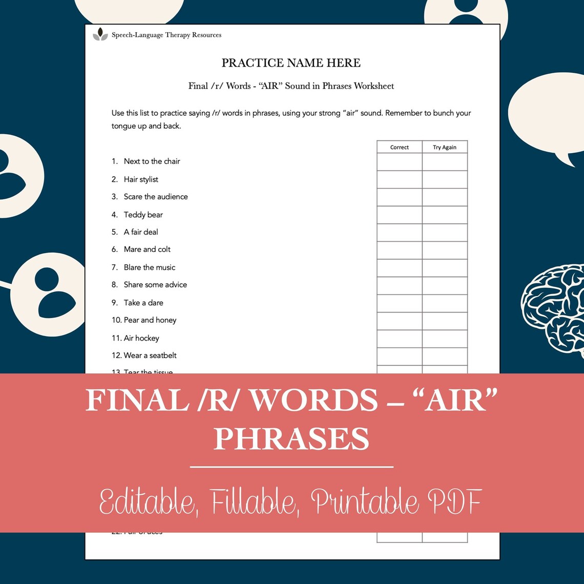 Final /R/ Words “AIR” Phrases Worksheet for Speech Therapy (editable ...