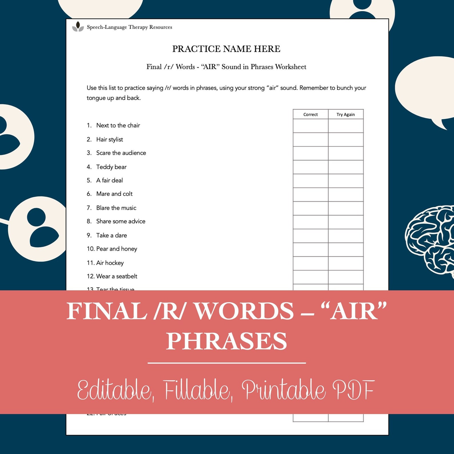 Final /R/ Words “AIR” Phrases Worksheet for Speech Therapy (editable ...