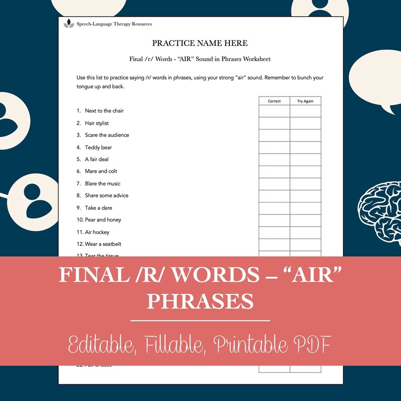 Final /R/ Words “AIR” Phrases Worksheet for Speech Therapy (editable ...