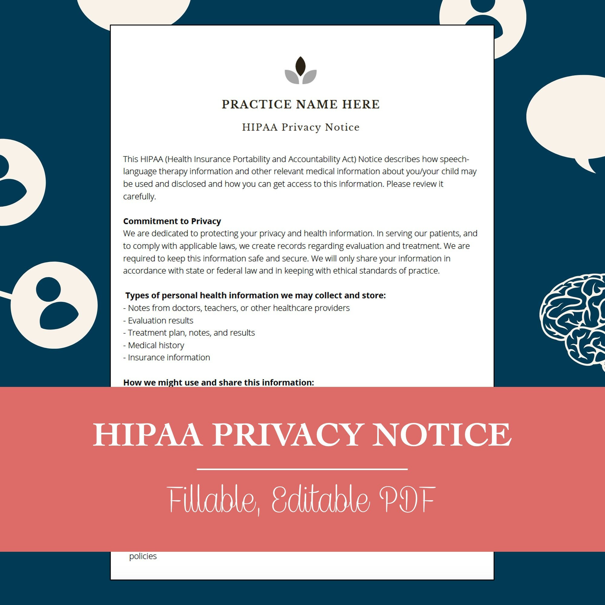 HIPAA Privacy Notice Form for Speech Therapy (editable, Fillable ...