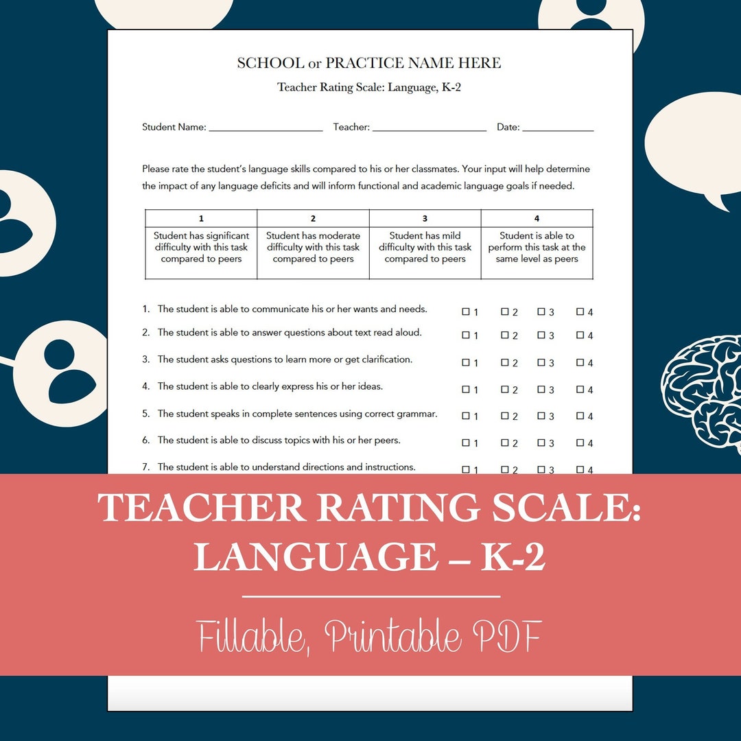 Teacher Rating Scale: Language, Grades K-2 Worksheet for Speech Therapy ...