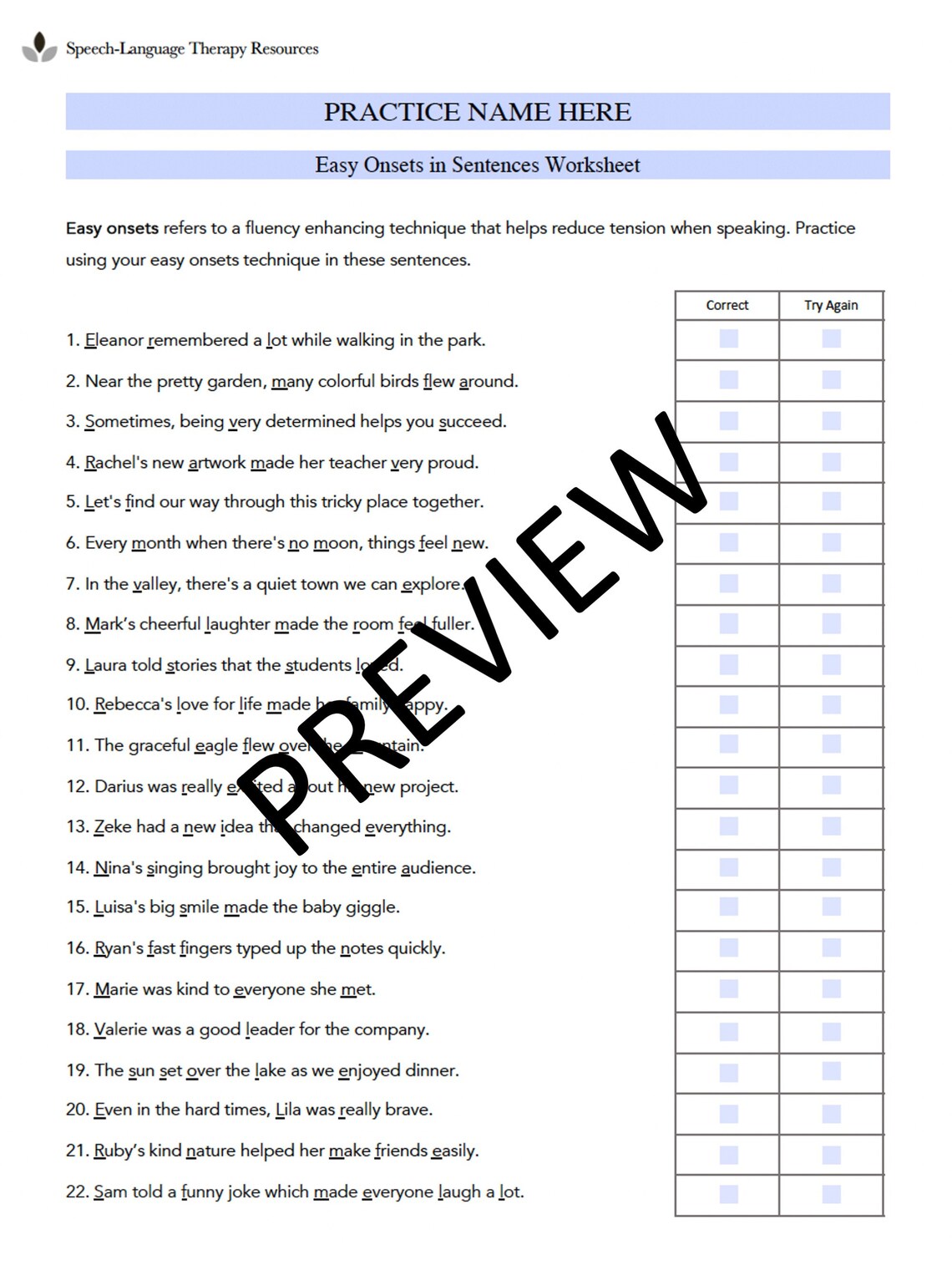 Easy Onsets in Sentences Worksheet for Speech Therapy (editable ...