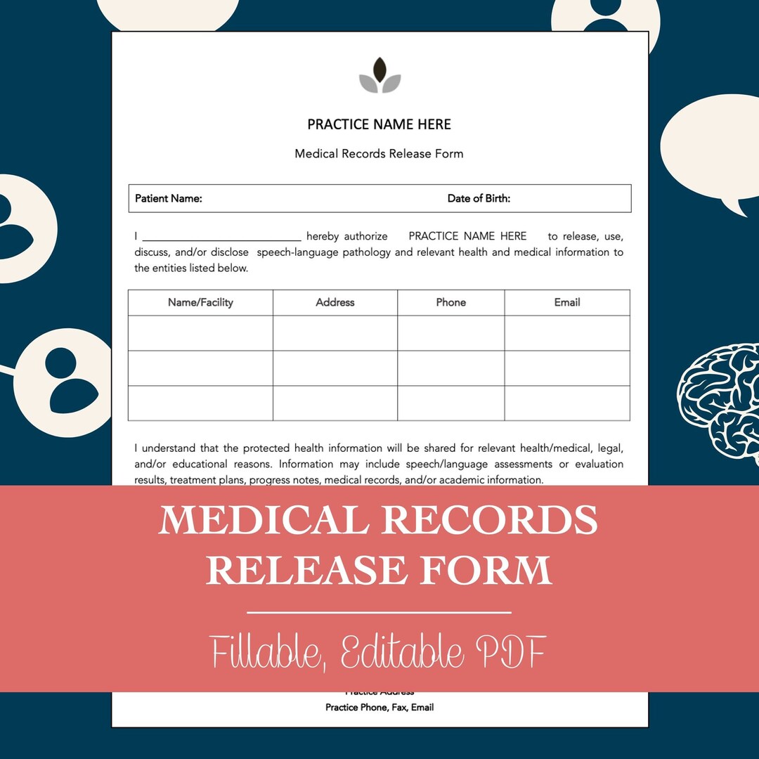 Medical Records Release Form for Speech Therapy (editable, Fillable ...