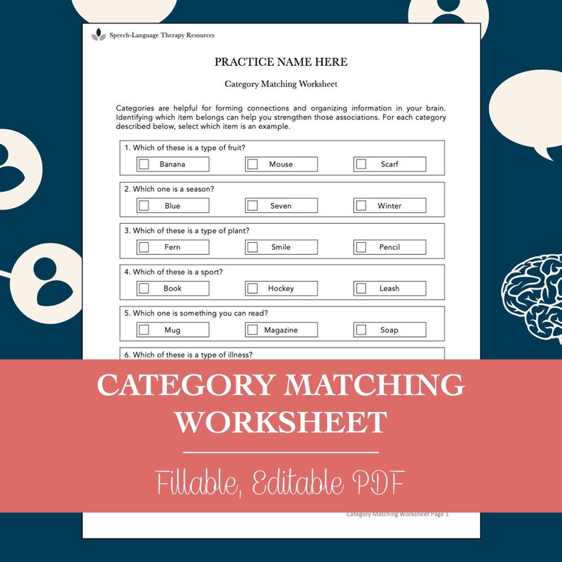 Category Matching Worksheet for Speech Therapy (editable, Fillable ...