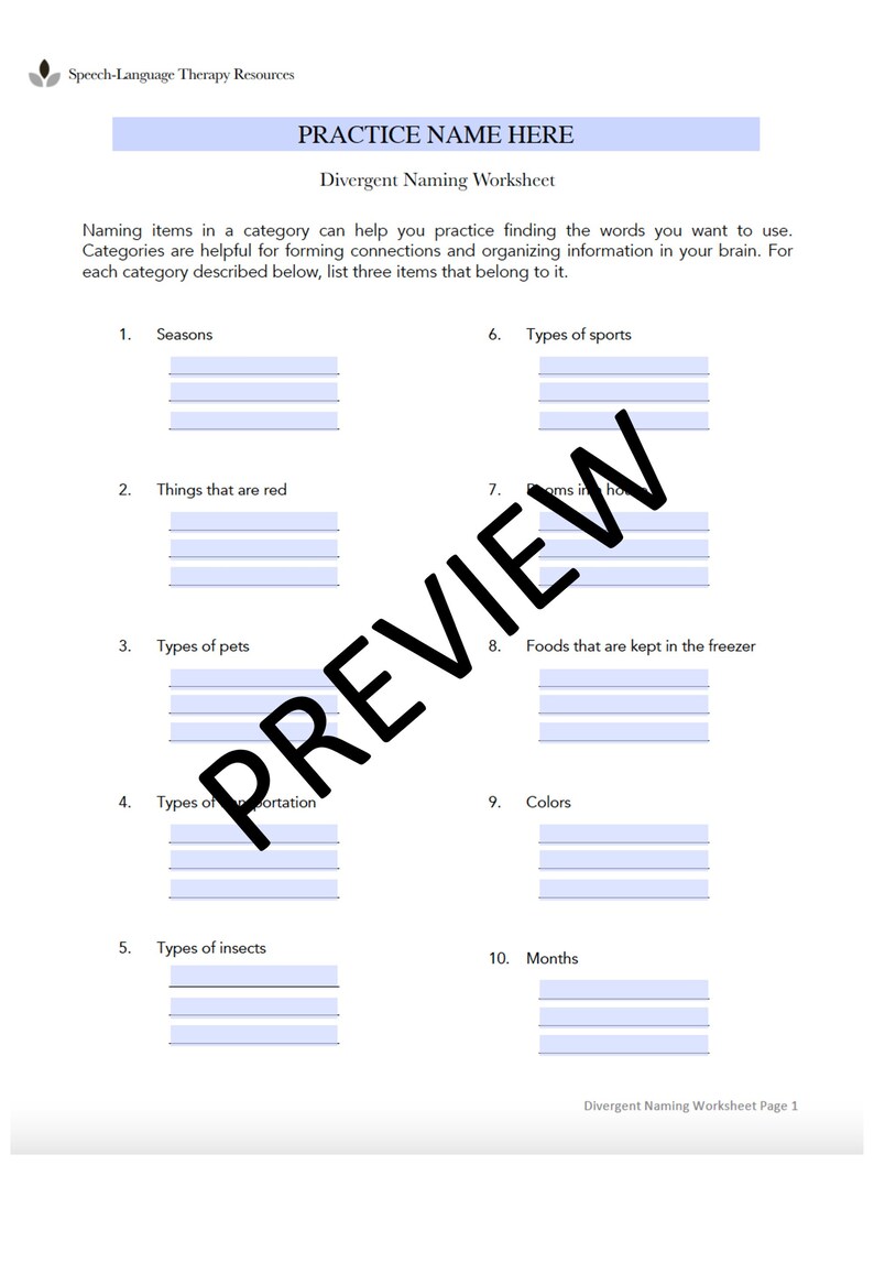 Divergent Naming Worksheet for Aphasia for Speech Therapy (editable ...