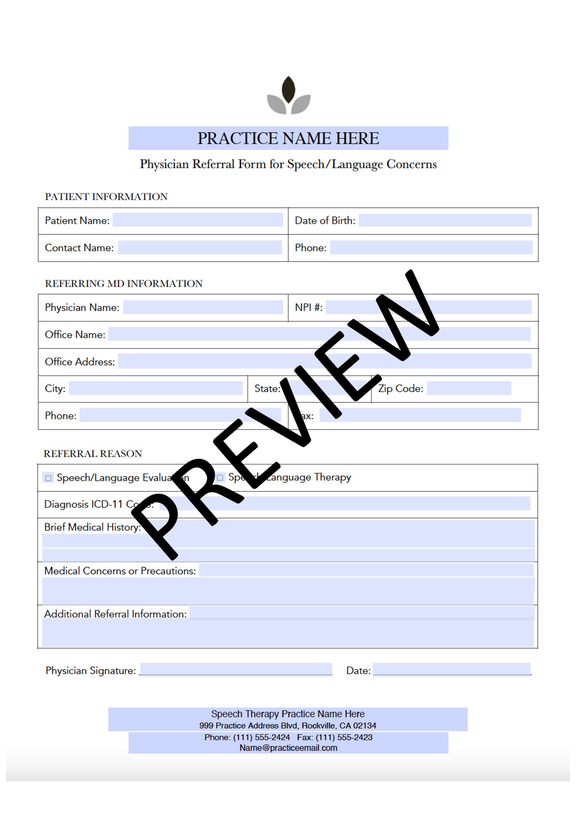 Physician Referral Form for Speech Therapy (editable, Fillable ...